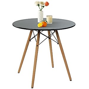 FurnitureR 31.5 Inch Modern Round Dining Table with Wooden Legs for Home Kitchen Living Room Corner Small Spaces Leisure, Black