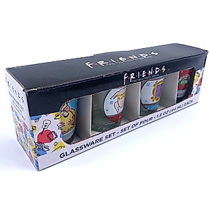 Friends The Television Series Set Of Four Shot Glasses! Featuring The Holiday Armadillo, The Thanksgiving Turkey, Central Perk Logo And Infamous Picture Frame! Fiends TV Show Inspired Glassware Set!