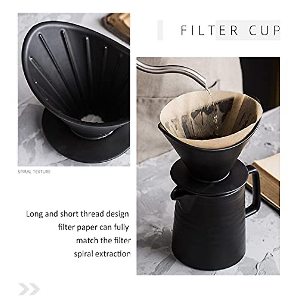 Ceramic Pour Over Coffee Maker, V60 Dripper & Decanter, Hand Brewer Durable Pot, Cone Funnel Coffee Drip with Black Coffee Filter Pot 1-2 Cup