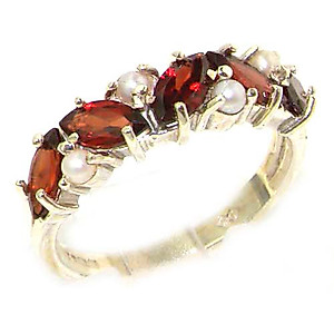 LetsBuyGold 925 Sterling Silver Real Genuine Garnet & Cultured Pearl Womens Eternity Engagement Ring - Size 6