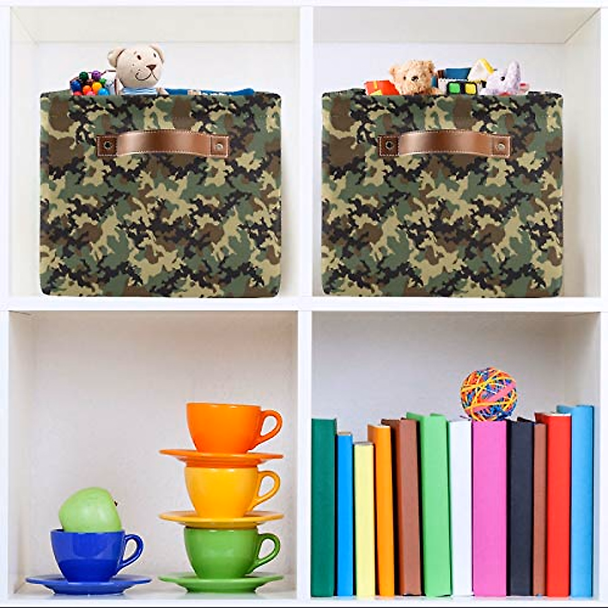 AUUXVA Storage Basket Military Army Camouflage Pattern Storage Cube Box Durable Canvas Collapsible Toy Basket Organizer Bin with Handles for Shelf Closet Bedroom Home Office