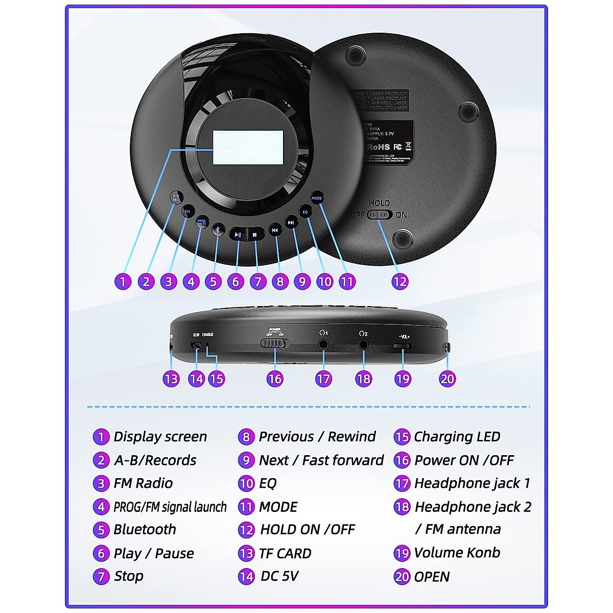 CD Player Portable ARAFUNA, Portable CD Player Bluetooth with FM Radio, 2000mAh Rechargeable CD Player for Car with LCD Screen, Anti Shock Protection Walkman CD Player with Headphone, AUX Cable