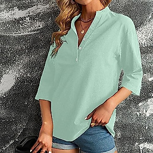 KSODFNXH 3/4 Length Sleeve Womens Tops Summer Solid Color V-Neck Button Down Shirts Casual Linen Plus Size Short Sleeve
