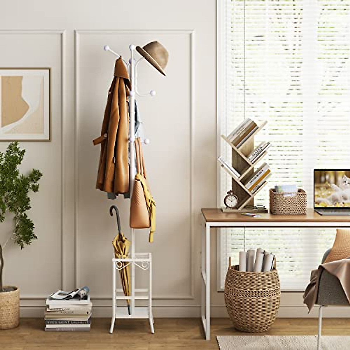 Hoctieon 4 Tier Tree Bookshelf, 4 Shelf Bookcase, Modern Book Storage, Free Standing Tree Bookcase, Utility Organizer Shelves for Home Office, Living Room, Bedroom, Greige