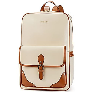 BOSTANTEN Leather Laptop Backpack for Women 15.6 inch Computer Bag Stylish College Daypack Travel Bag Off-white with Brown