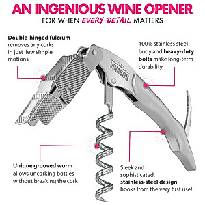 VINABON Waiters Corkscrew Wine Opener - Professional Quality 3-in-1 Stainless Steel Wine Key with Beer Opener for Servers and Bartenders - Manual Simple Wine Bottle Opener. Includes WineGuide Ebook