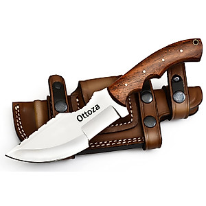 Ottoza Tracker Knife, D2 Steel Fixed Blade Hunting Knife with Wood Handle & Sheath, Full Tang Survival Knife for Men - No:116