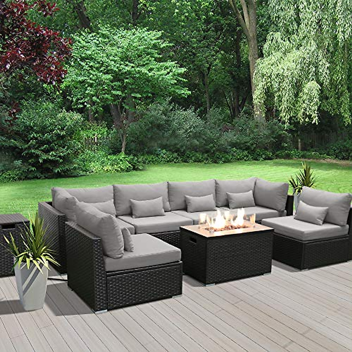 Dineli Patio Furniture Sectional Sofa with Gas Fire Pit Table Outdoor Patio Furniture Sets Propane Fire Pit (Light Gray-Rectangular Table)