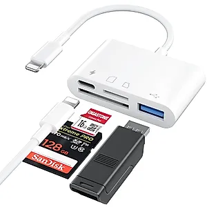 SD Card Reader for iPhone iPad, 4 in 1 Trail Game Camera Memory SD Card Viewer, Portable USB 3.0 OTG Adapter Compatible SD/TF Card for iPhone Adapter with Simultaneous Charging Port, Plug and Play