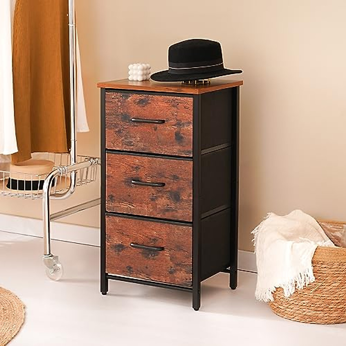 Yoobure Nightstand with 3 Fabric Drawers, Dresser for Bedroom Storage Drawer Tower, Small End Table Bedside Furniture Dressers & Chests Organizer Unit Closet Hallway Entryway Office, Berry Brown