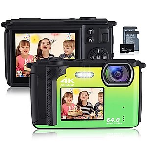 Digital Camera with WiFi 4K 64MP Vlogging Camera for Photography with Dual Screens Point and Shoot Camera with 32GB SD Card, 16X Zoom Compact Camera for Beginners-Tie2