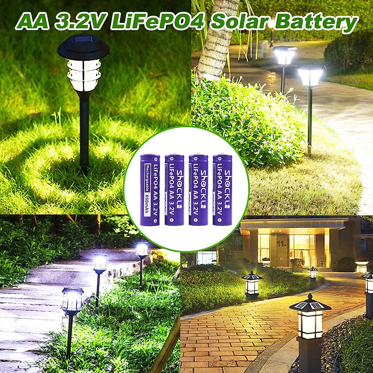 funkawa 4 Pack- Shockli AA 3.2V LiFePo4 650mAh Battery, AA 3.2V Solar Rechargeable Batteries - Ideal for Solar Garden Light