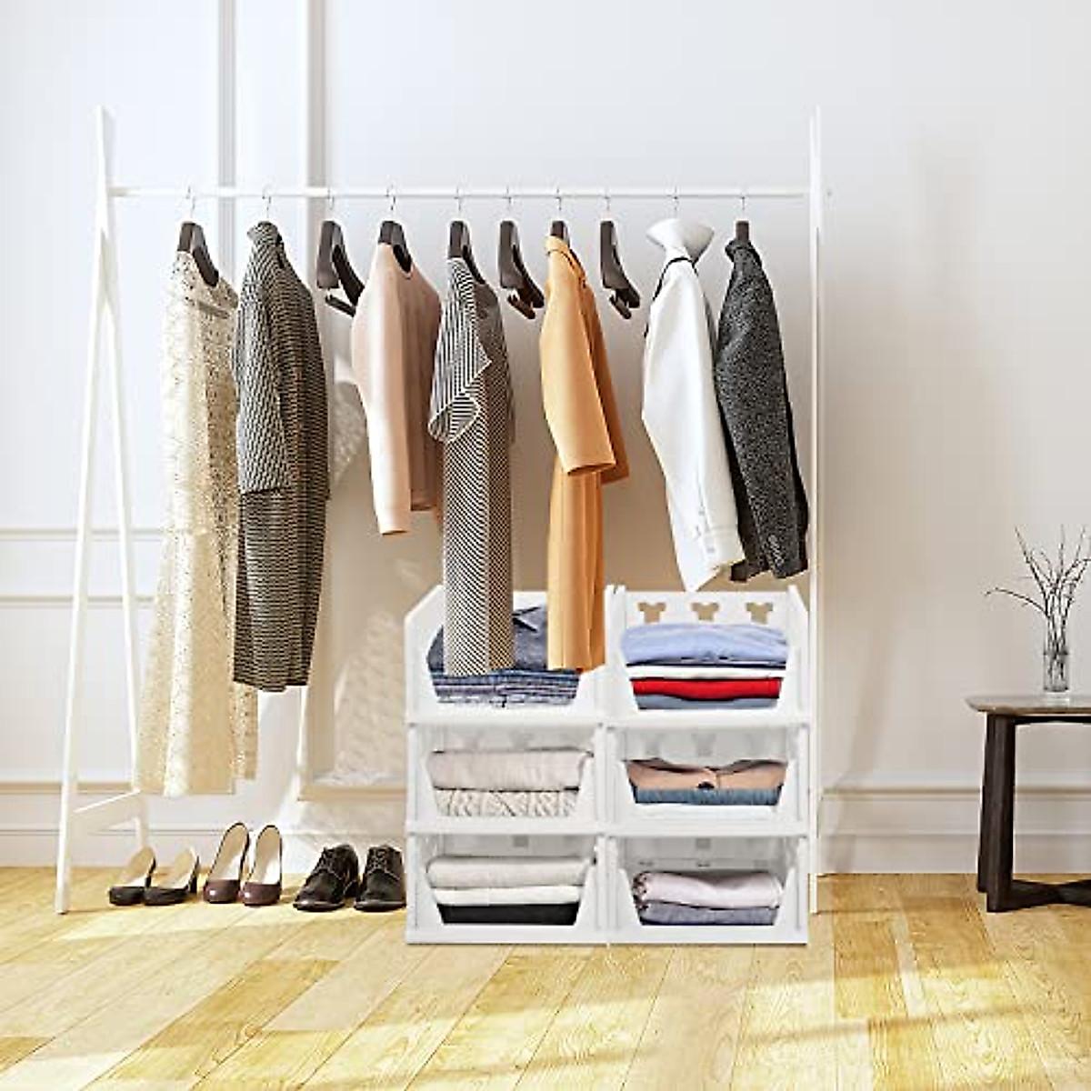 Hossejoy 4 Pack Stackable Wardrobe Closet Shelves, Plastic Clothes Drawer Organizer, Foldable Storage Bins Containers Organization with Clothes Pattern, for Kitchen Office Bedroom Bathroom (White)