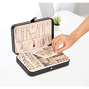 LANDICI Small Jewelry Box for Women Girls, PU Leather Travel Jewelry Organizer Case, Portable Mini Jewellery Storage Holder Display for Ring Earrings Necklace Bracelet Bangle, Black