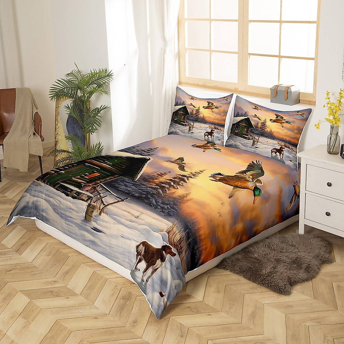Feelyou Duck Hunting Duvet Cover Dog Hunter Bedding Set for Kids Boys Girls Flying Duck Comforter Cover Wildlife Bedspread Cover 1 Duvet Cover with 2 Pillowcases Full Size (No Comforter)