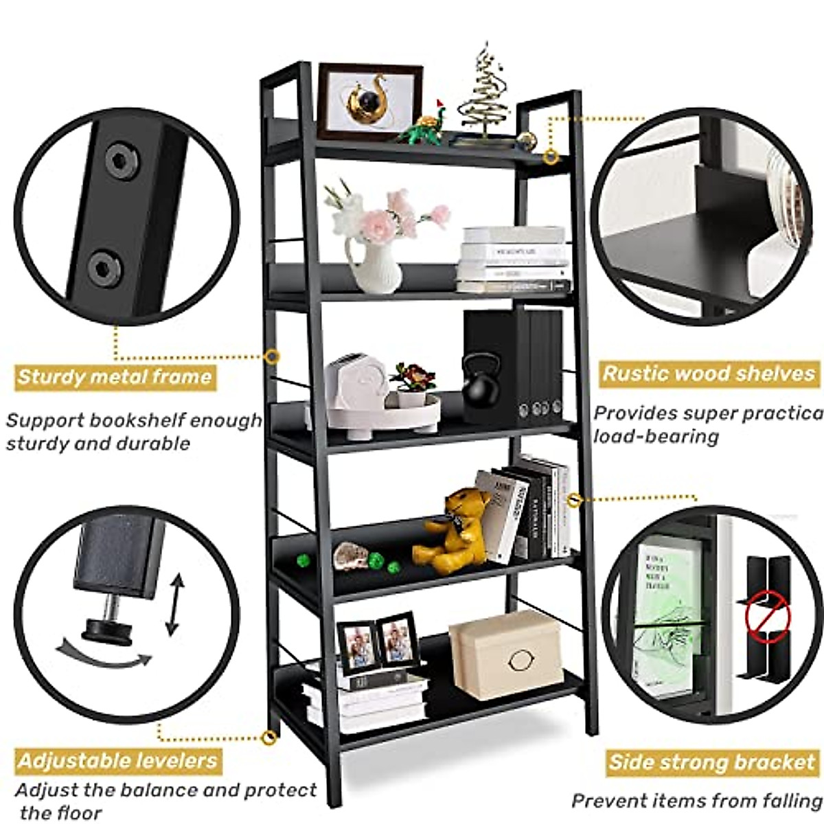 Himimi Ladder Bookshelf Black,Tall Bookcase and Book Shelf 5 Tier Shelves, Industrial Modern Wood Display Shelf Book Case with Metal Frame,Storage Rack Home Office Furniture for Living Room,Bedroom