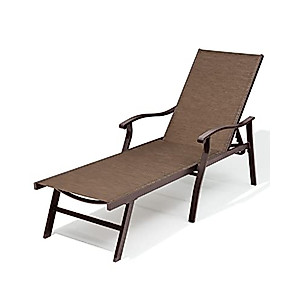 VredHom Outdoor Chaise Lounge Chair, Patio Chaise 5 Position Adjustable Backrest Recliner Ergonomic Armrest All Weather Textiline Aluminum Reclining Chairs for Patio, Beach, Yard, Pool，Brown