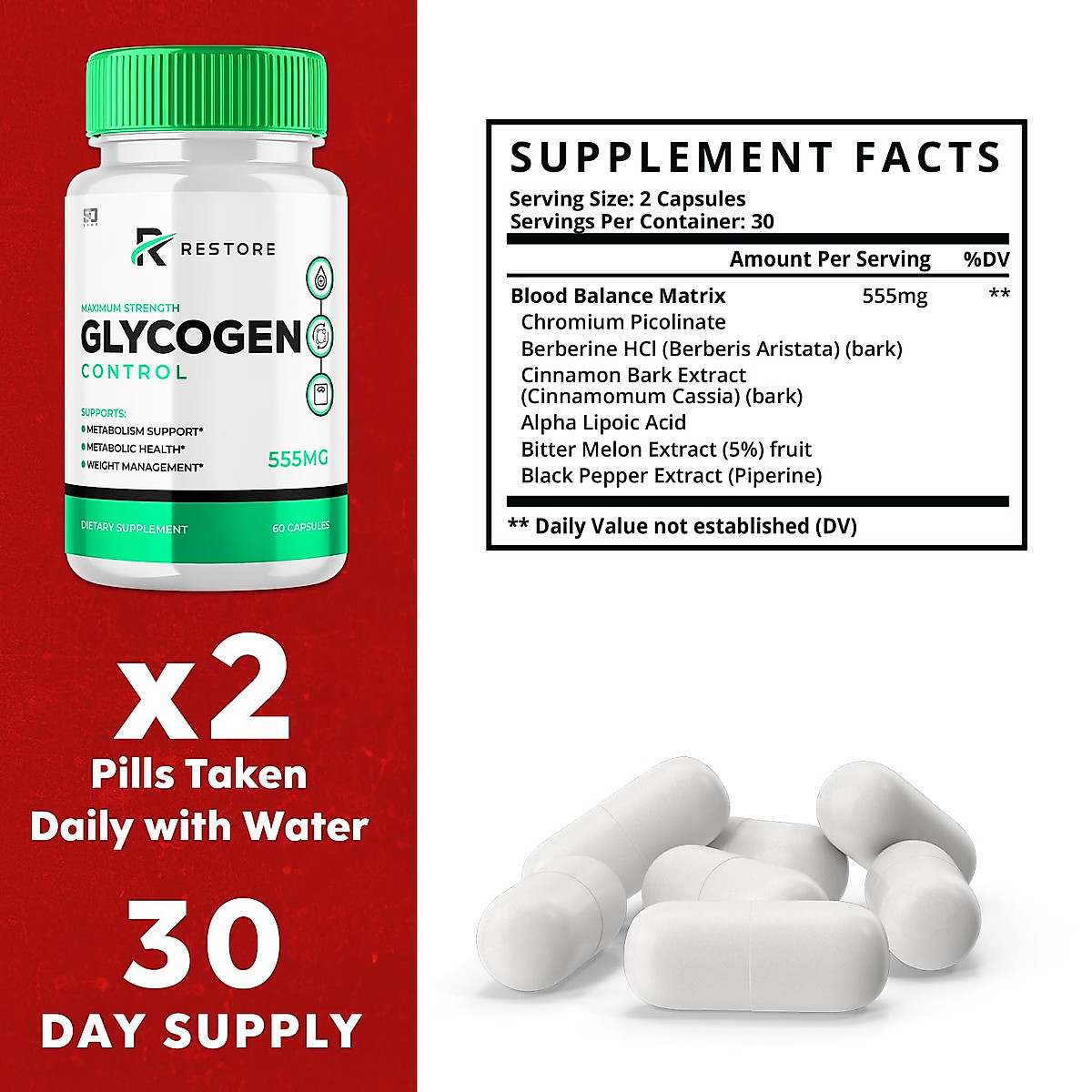 S.O Labs Restore Glycogen Control, Restore, Glycogen Control, Restore Glycogen Control Advanced Formula Support Supplement, Restore Glycogen Control Metabolic Health Pills (60 Capsules)