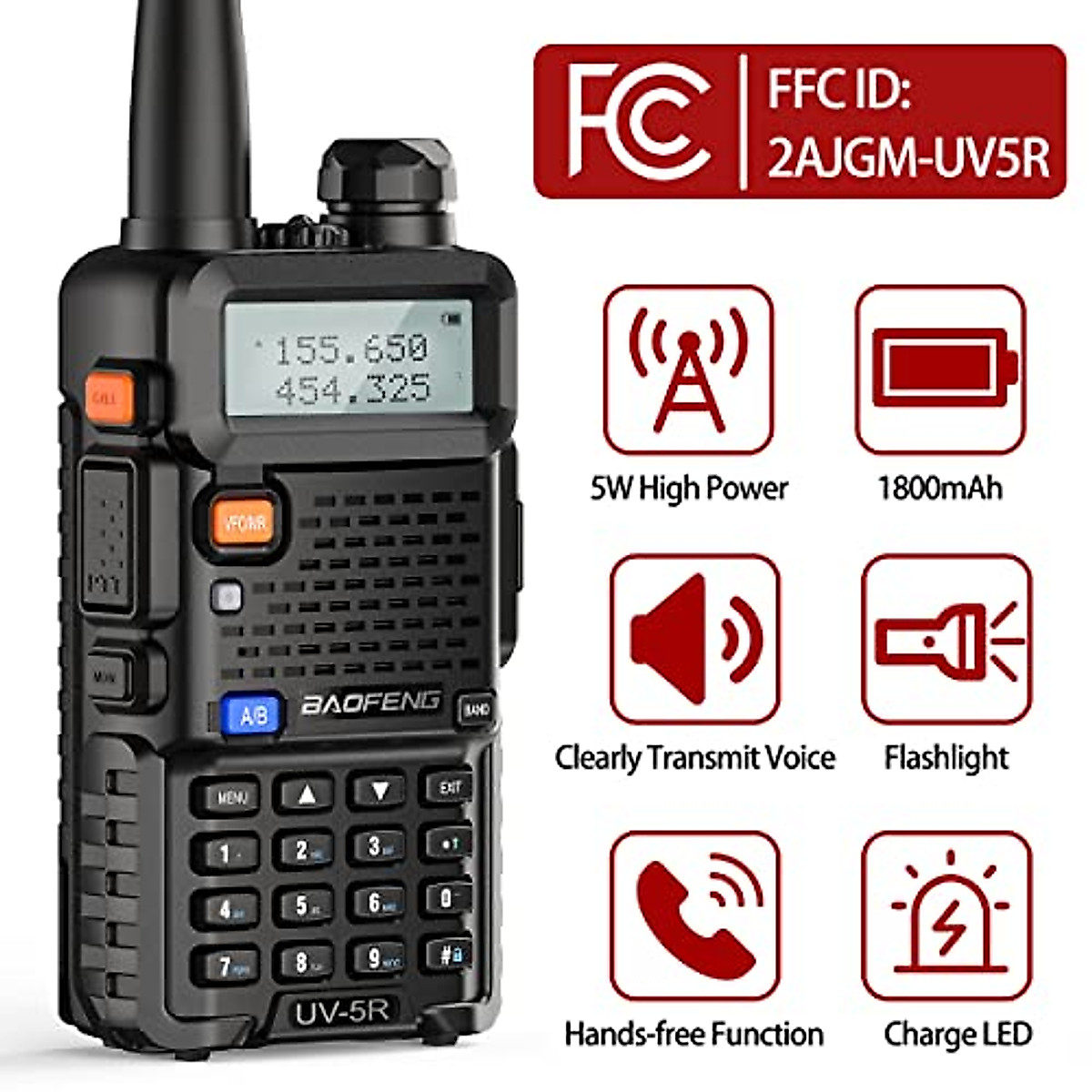 Ham Radio Handheld Baofeng UV-5R Radio UHF VHF Dual Band Two Way Radio Long Range Handheld Walkie Talkies with Extra Li-ion Battery Programming Cable AR771 Antenna Headsets Full Kits-2Pack