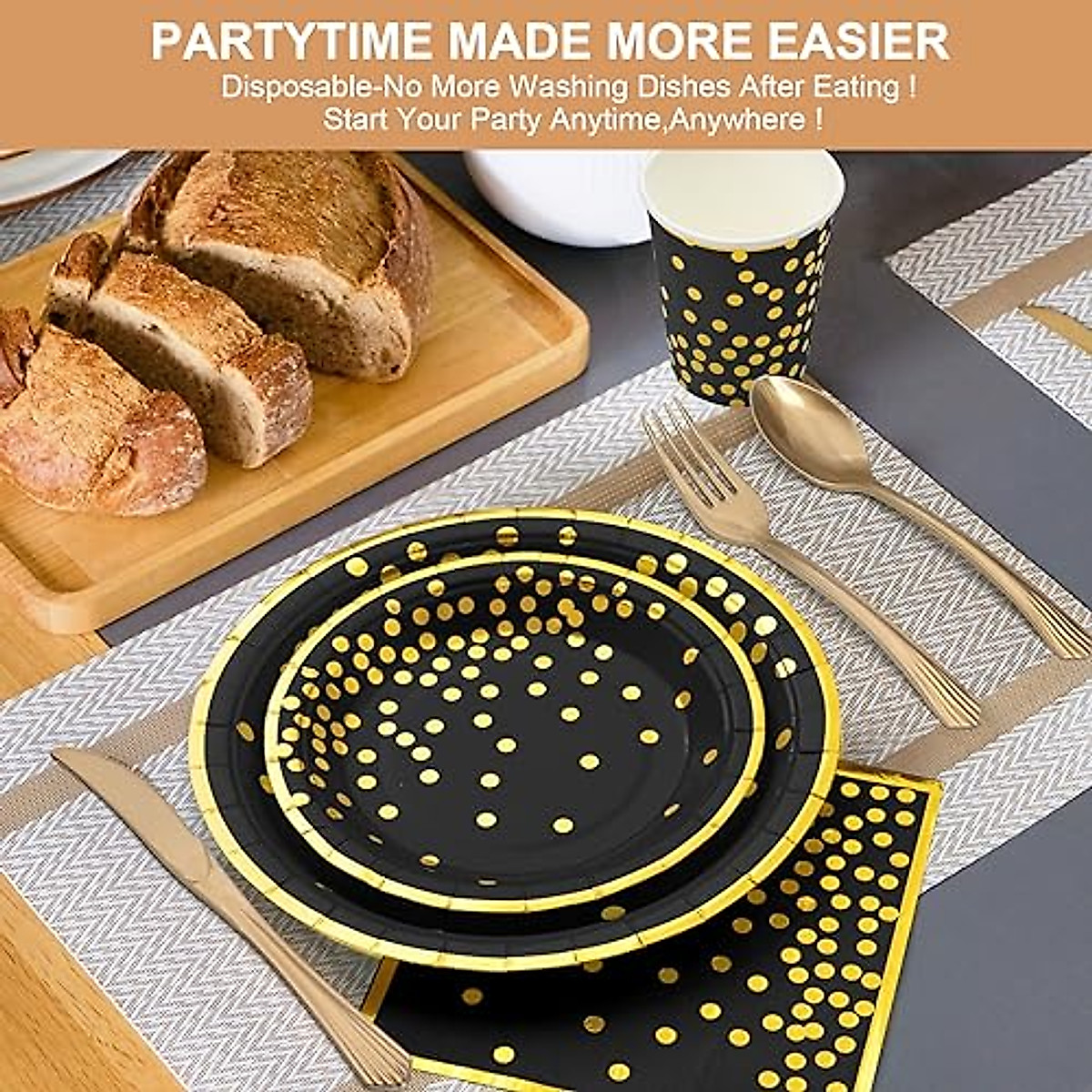 Black and Gold Party Supplies-Golden Dot Paper Plates,Black Napkins&Cups and Plastic Utensils,Gold Rim Disposable Paper Tableware for Birthday,Retirement,Graduation,175Pcs,Serve 25