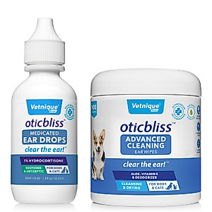 Oticbliss Medicated Ear Drops and Oticbliss Advanced Cleaning Wipes (100 Ct) Bundle Advanced Ear Cleaning Solutions with Medicated Ear Drops for Dogs Plus Dog Ear Cleaning Wipes with Aloe