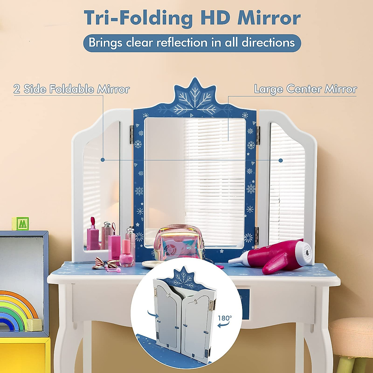GLACER Kids Vanity, 2-in 1 Makeup Dressing Table w/Detachable Top, Tri-Folding Mirror, Drawer, Stool, Kids Vanity Table and Chair Set, Toddler Vanity, Pink Leopard Print (Blue Snowflake Print)