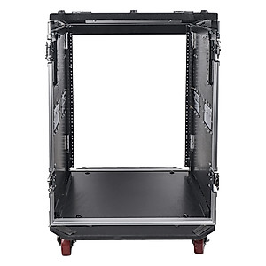 Sound Town 14U PA DJ Rack/Road ATA Case with 11U Slant Mixer Top, 20’’ Rackable Depth, 2 DJ Work Tables and Casters, 14-Space Size, Pro Tour Grade (STMR-14UWT2)