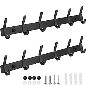 TICONN Wall Mounted Coat Rack - 6 Heavy Duty Dual Hooks All Metal Contemporary Coat Hanger for Jacket Coat Hat for Mudroom Entryway Bathroom (Black, 2PK)