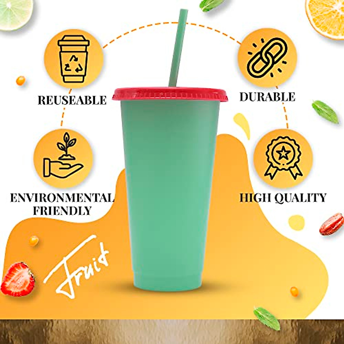 Reznap - Color Changing Cups - 5x Cups & Straws - 24 oz - BPA Free - Reusable Tumblers with Lids and Straws - Easy to Take Anywhere - Summer Party Cups - For Kids and Adults
