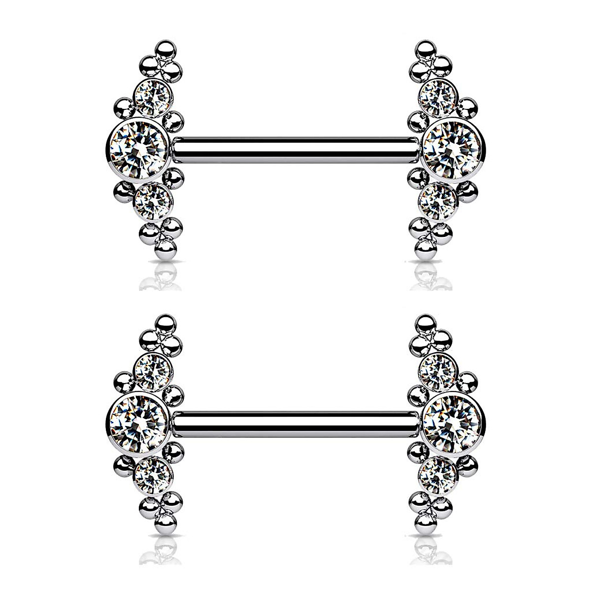 Dynamique Implant Grade Titanium Nipple Barbells With Bezel Set CZ and Micro Ball Cluster Internally Threaded Ends (Sold Per Pair Or Per Piece)