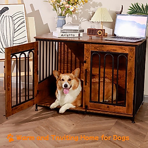 Dog Crate Furniture, 39.37" Double Doors Wooden Dog Kennel End Table, Indoor Dog House End Table Furniture Style for Small/Medium/Large Dogs Anti-Chew Crate,Retro Brown
