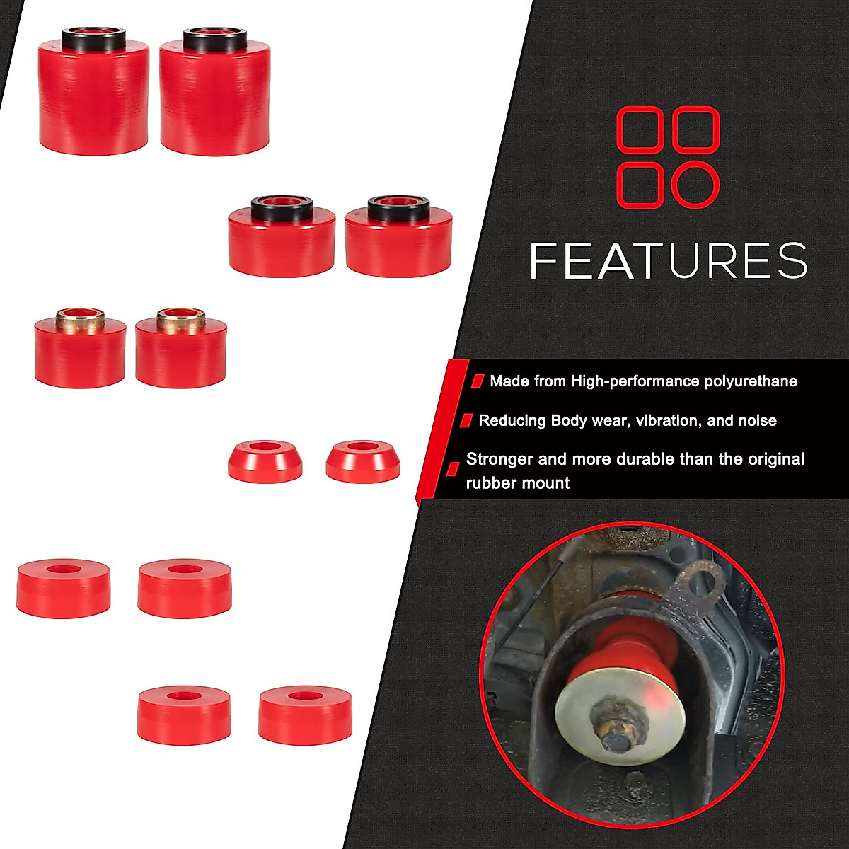 Upgraded Red Body Mount Bushing Set Kit Compatible with 1980-1998 Ford F150 F250 F350 2WD 4WD, Heavy Duty Polyurethane Body Cab Mounts Steel Sleeves and Hardware Replacement Kit 58PCS