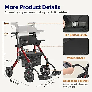 2 in 1 Walkers for Seniors with Seat, VOCIC Transformable Rollator Walker and Transport Chair, Transport Wheelchair w/Paded Seatrest, Pouch, Backrest and Footrest-Gloria Red