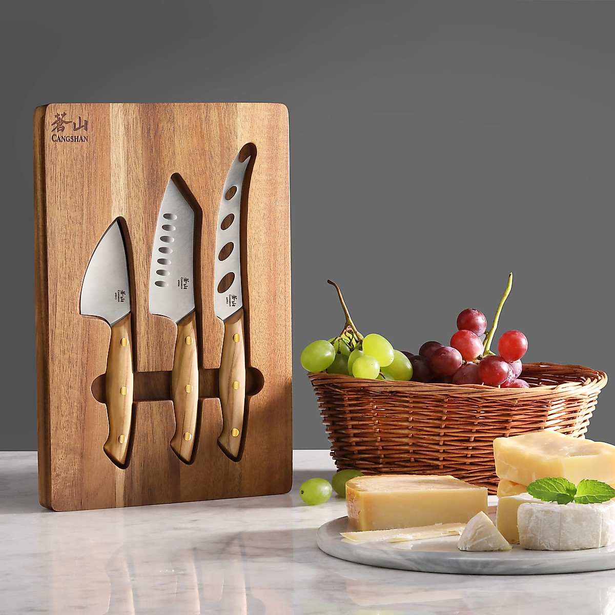Cangshan 1027327 3-Piece Olive Wood Cheese Knife Set with Acacia Cheese Board