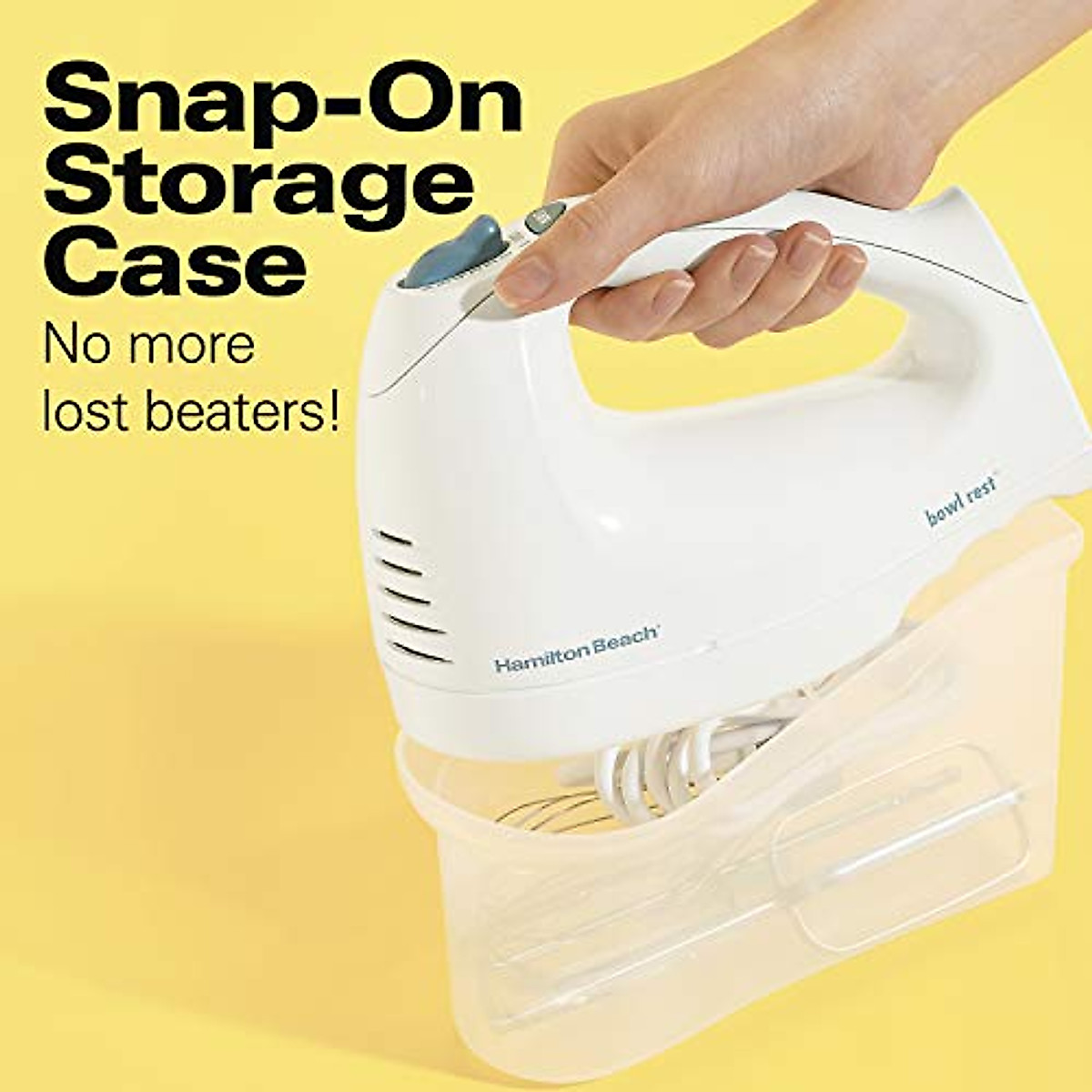 Hamilton Beach Electric Stand Mixer, 4 Quarts, Dough Hook, Blue & 6-Speed Electric Hand Mixer with Whisk, Traditional Beaters, Snap-On Storage Case, White