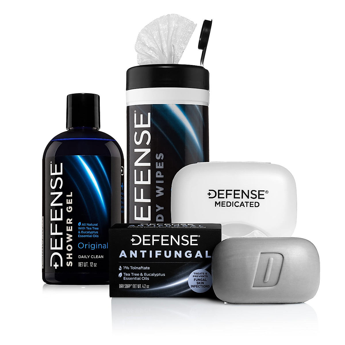 Defense Soap Antifungal Medicated Bar Soap, Tea Tree Body Wipes (40 Count), & Body Wash 12 oz - Natural Shower Gel