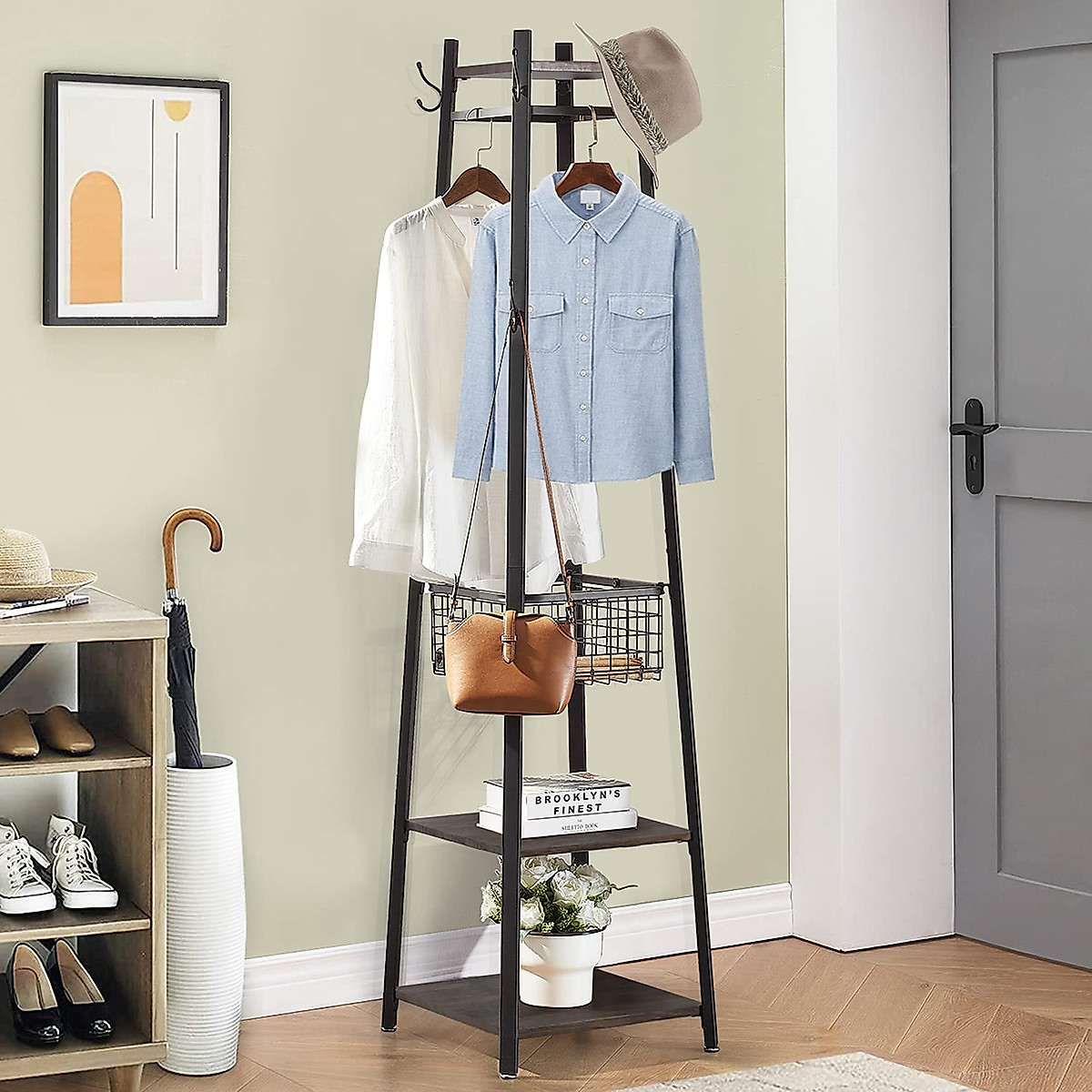 VECELO Coat Rack Freestanding, Entryway Clothes Stand with Metal Basket and 2 Shelves, Upgrade Hall Trees with 8 Dual Hooks for Bags, Hats, and Umbrellas, Industrial Styles, Vintage Brown+ Black