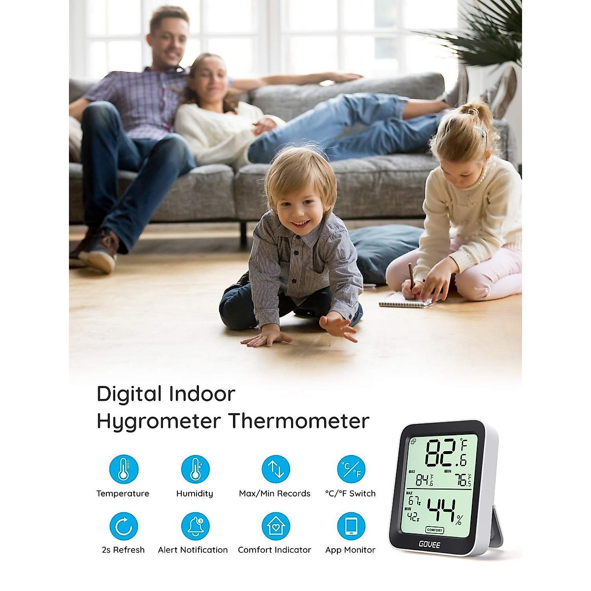 Govee Smart Humidifier H7141 Bundle with Govee Bluetooth Digital Hygrometer Indoor Thermometer, Room Humidity and Temperature Sensor Gauge with Remote App Monitoring, Large LCD Display