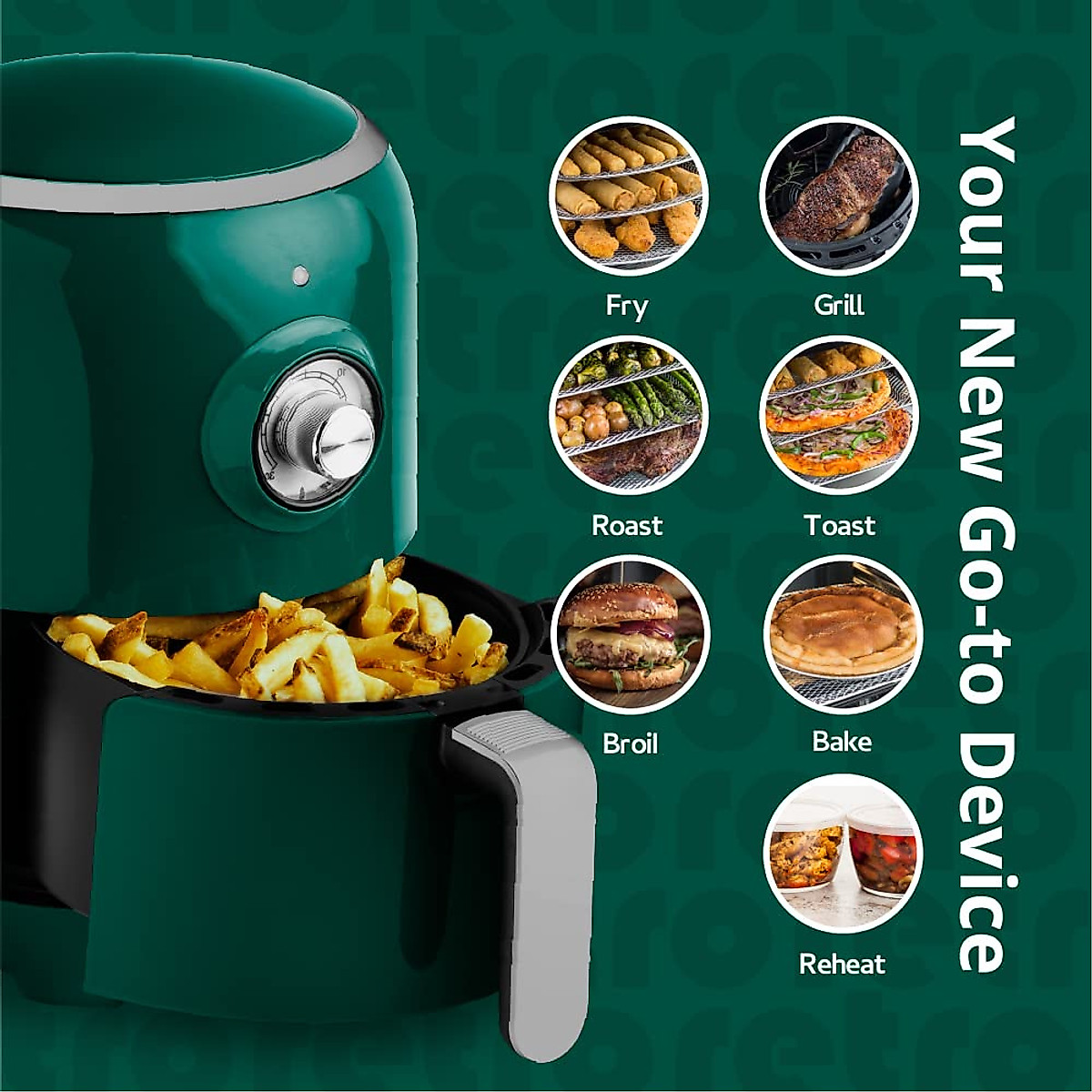 Aria Premium 2 Qt. Retro Style Ceramic Air Fryer, Dark Green/White Trim