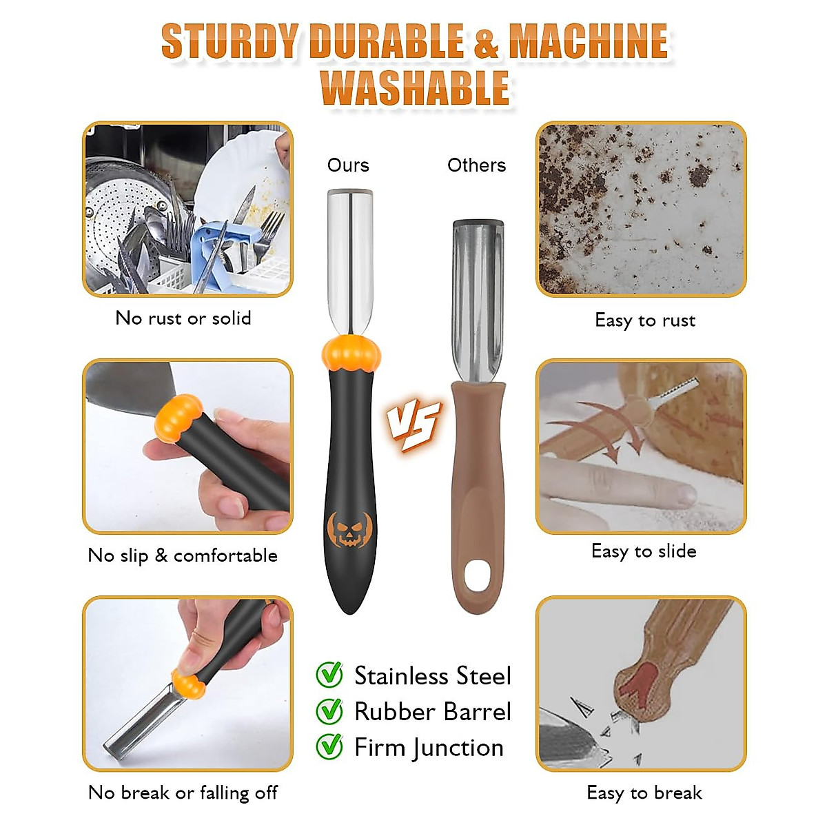 FUNNYB&G Pumpkin Carving Tools Kit Halloween - 16 PCS Professional Pumpkin Carving Set For Kids Or Adults - 8 PCS Stainless Steel Carving Tools Halloween Decoration Stickers and LED Pumpkin Lights