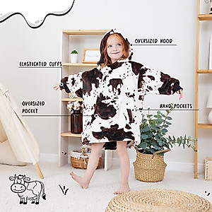 KIVEE Cute Wearable Blanket Hoodie Kids Toddlers Cow Print Sweatshirt Blanket with Giant Pocket Warm Cozy Cow Hooded Blanket 2-6 Year Old Girl Boy Birthday Cow Gifts