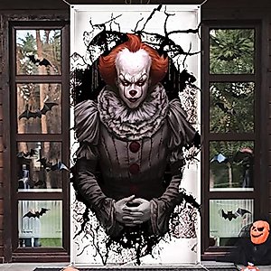 Scary Halloween Door Decorations Joker Clown Halloween Banner Classic Horror Movie Killer Character Backdrop for Halloween Horror Birthday Party Decorations Front Door Banner Photo Booth Props