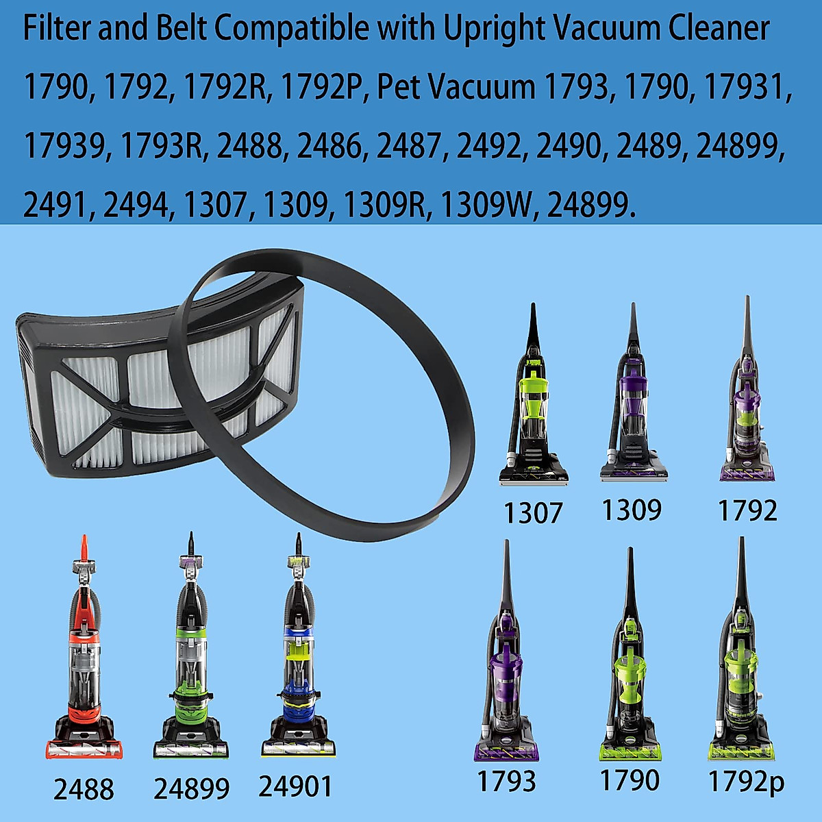 Aolleteau Filter Compatible with Bissell Vacuum 1790, 1792, Pet Vacuum 1793, 2488, 2486, 2487, 2492, 2490, 2489, 24899, 2491, 2494, 1307, 1309 (1 Pack Post-Motor Filter and 1 Pack Style 7/9/10 Belt)