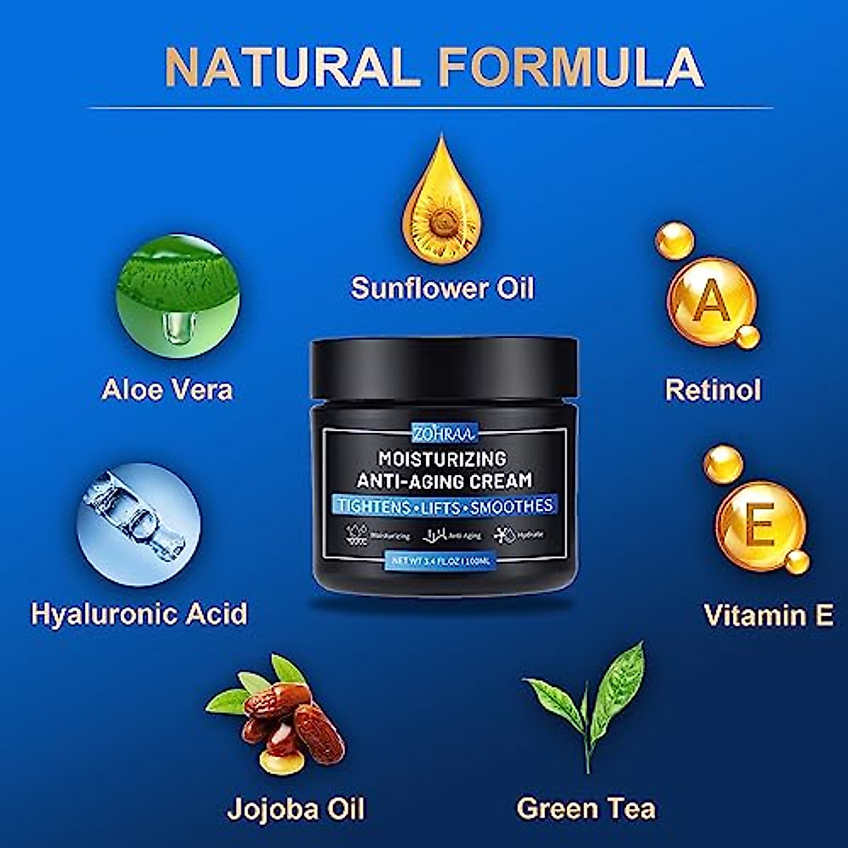 Men's Face Moisturizer Cream,Anti-Aging Cream For Men with Retinol, Hyaluronic Acid, Vitamins E, Jojoba Oil, Green Tea - Age Facial Skin Care - Day & Night Moisturizing Anti Wrinkle, 3.4 OZ