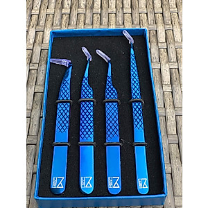 M LASH Tweezers for Eyelash Extensions (Set of 4) - Professional Lash Extension Tweezers - Fiber Tip, Japanese Steel, Diamond Grip Eyelash Extension Tweezer (Blue)