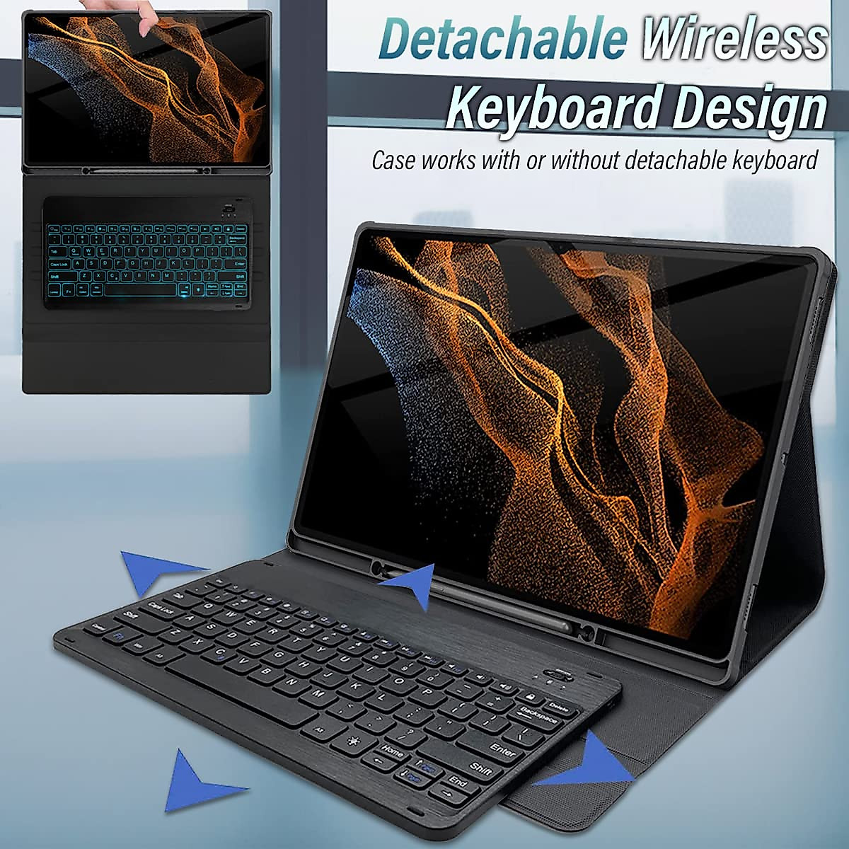 Backlit Keyboard Case for Samsung Galaxy Tab S8 Ultra 14.6 Inch 2022 with S Pen Holder, Wineecy 7 Colors Backlight Detachable Wireless Keyboard & PU Folio Stand Cover Case for SM-X900 / SM-X906 Tablet