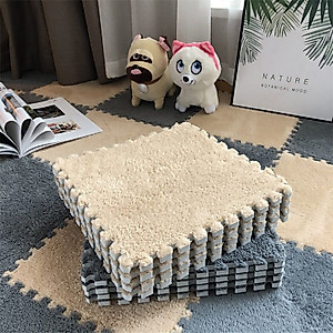 easycustomerlee 12pcs Interlocking Carpet Shaggy Soft EVA Foam Mats Fluffy Rugs Protective Floor Tiles Exercise Play Mats for Children Kids Room Home Parlor Bedroom(Khaki)