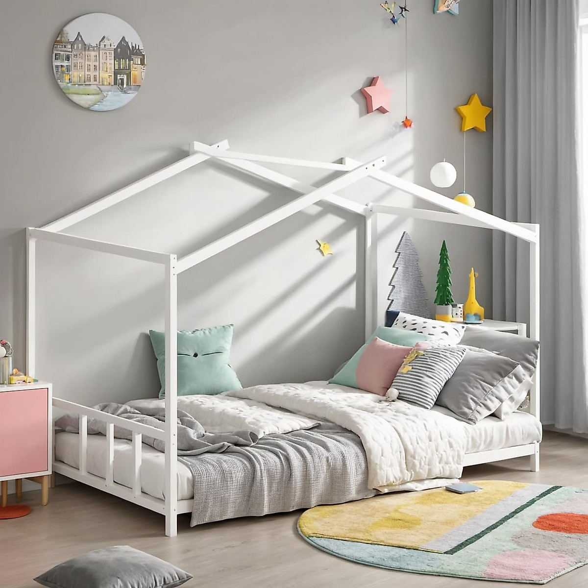 UOCFYK Twin Size Floor Bed with Roof Design for Kids, Girls, Boys,Montessori Floor Bedframe for Small Space,Easy Assembly & No Box Spring Needed, White