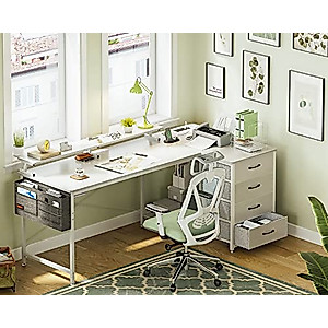 ODK 63 inch L Shaped Computer Desk with USB Charging Port & Power Outlet, L-Shaped Corner Desk with 4 Tier Drawer & Monitor Shelf for Home Office Workstation, Modern Style Writing Table, White