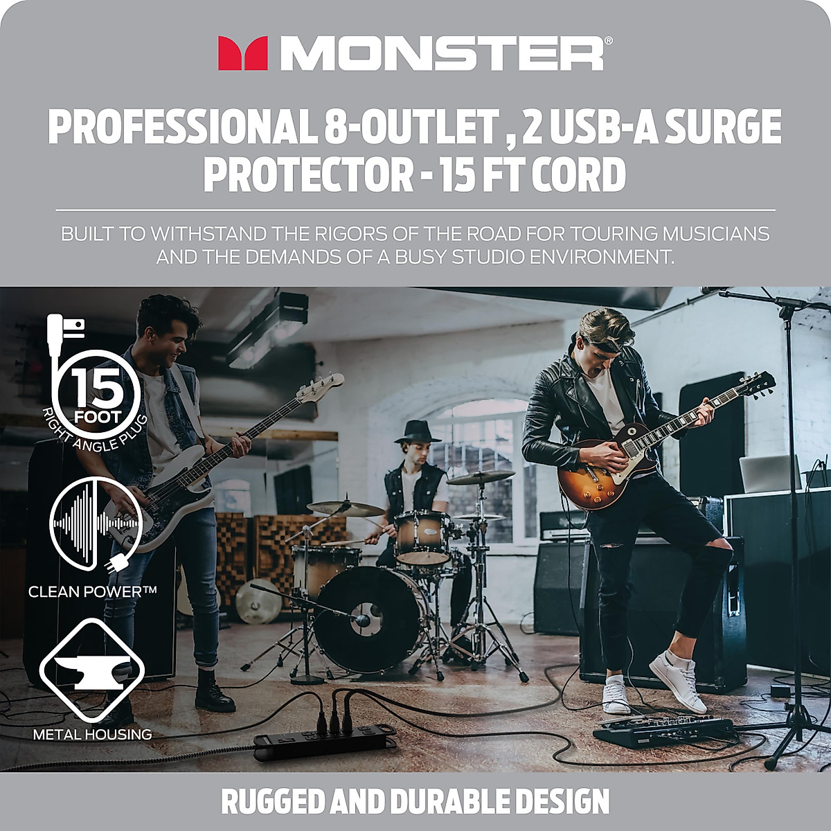 Monster Pro MI Professional Surge Protector Power Strip with Fireproof MOV Technology for Computers, Amplifiers, Pedal Boards, and Pro Audio Gear - 1960 Joule, 15 ft Cord, 8 Outlet, 2 USB